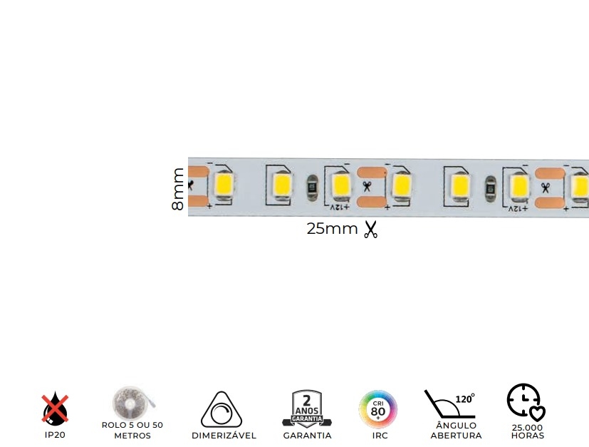 Fita LED MK Iluminação 10w/mt 120 Leds IP20 12V 1000 Lúmens 8mm (Rolo 5 ...
