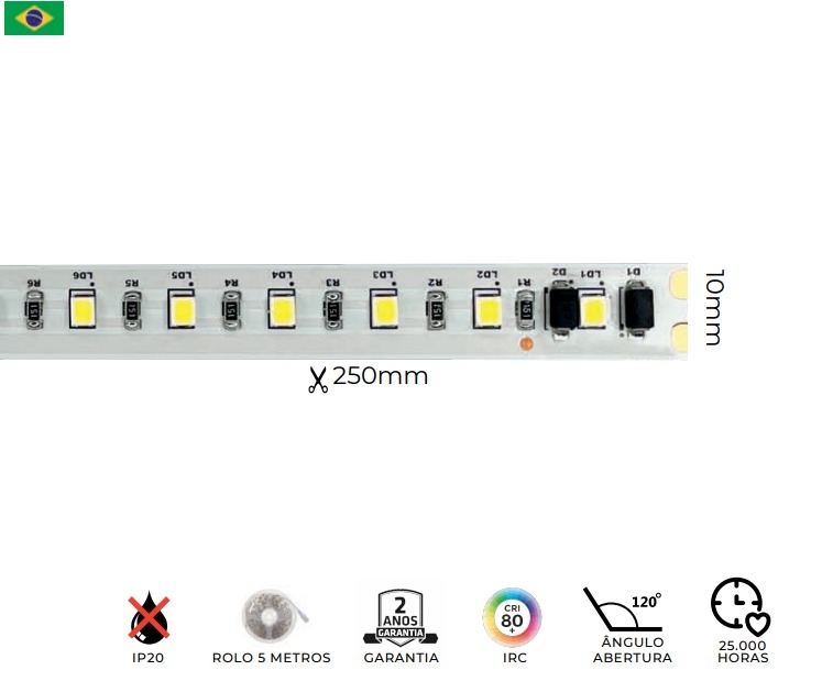 Fita LED MK Iluminação 20w/mt 120 Leds IP20 2100 Lúmens Alta Tensão ...