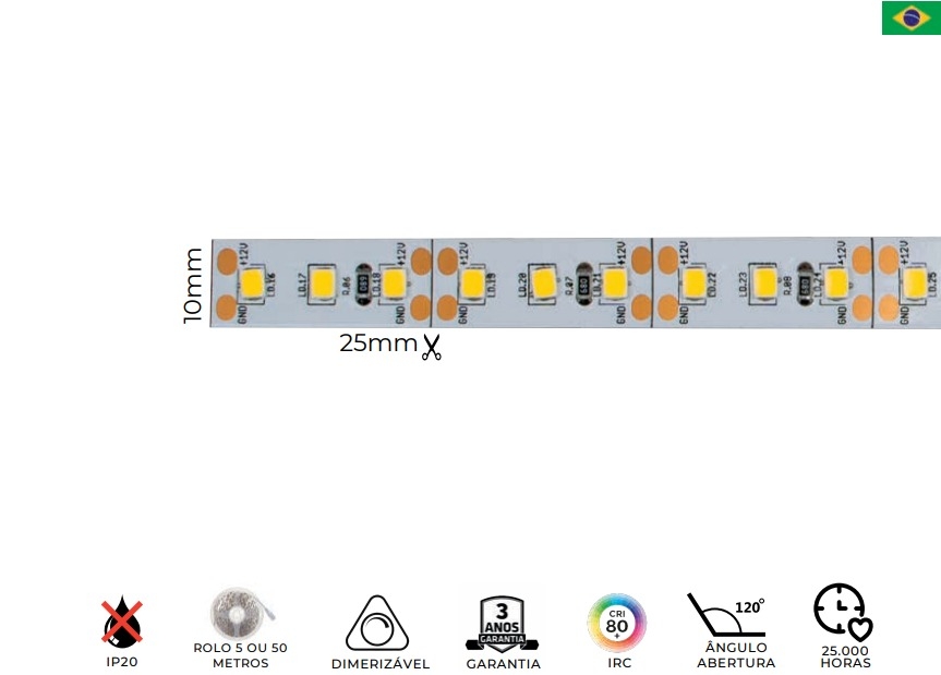 Fita LED MK Iluminação 20w/mt 120 Leds IP20 12V 2000 Lúmens 10mm (Rolo ...