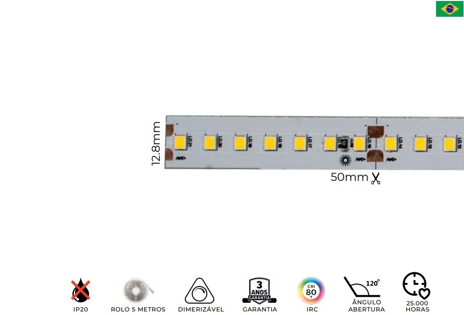 Fita Fibra LED MK Iluminação 24w/mt 140 Leds IP20 24V 3000 Lúmens 12 ...